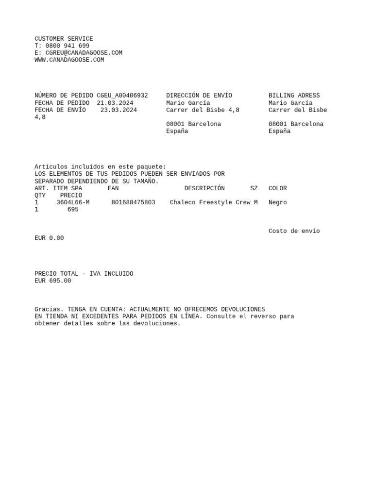 Facture Canada Goose PDF 1 | PDF