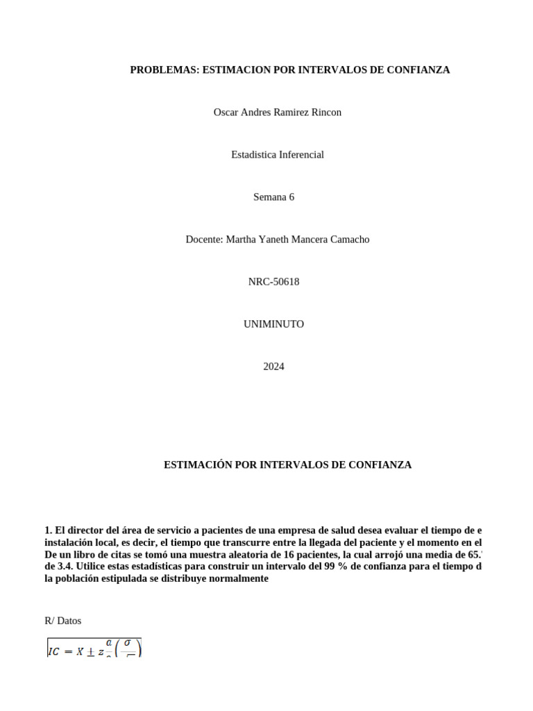 Ramirez - Oscar - Problemas Estimacion Por Intervalos de Confianza | PDF | Intervalo de ...