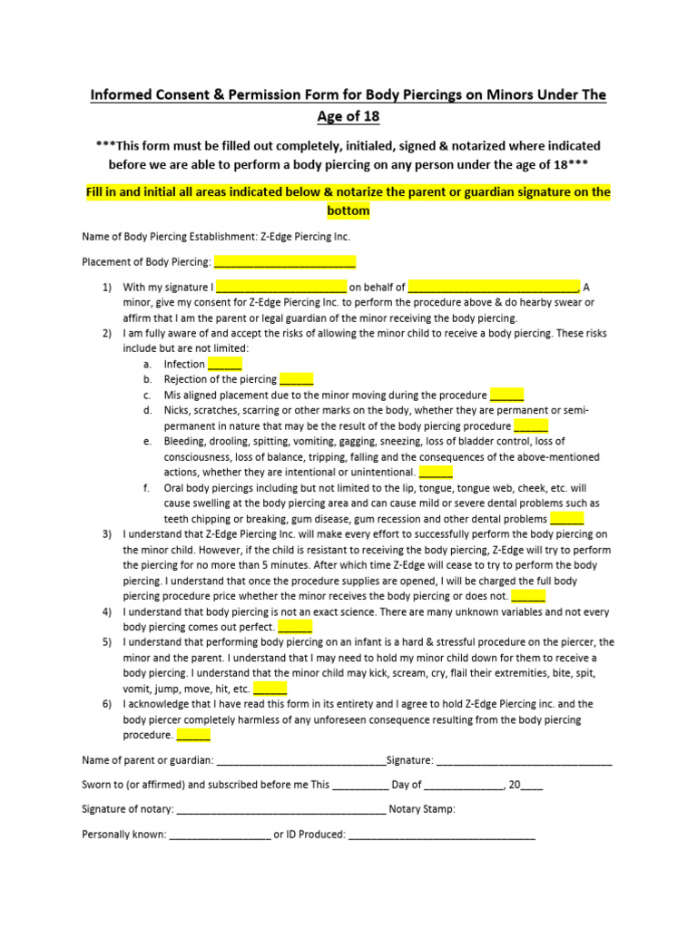 Minor Body Piercing Consent Form | PDF | Medical Specialties