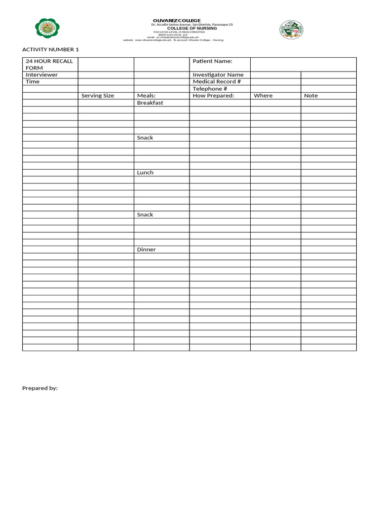 24 Hour Recall Form | PDF