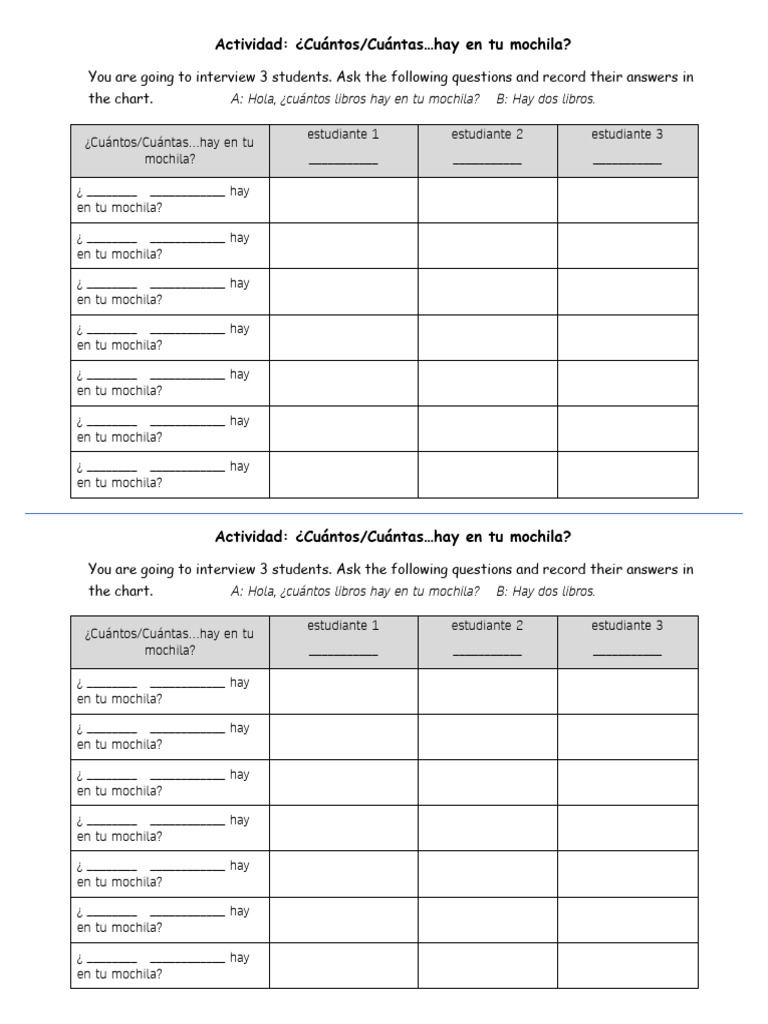 activity Cuántos...hay en tu mochila | PDF