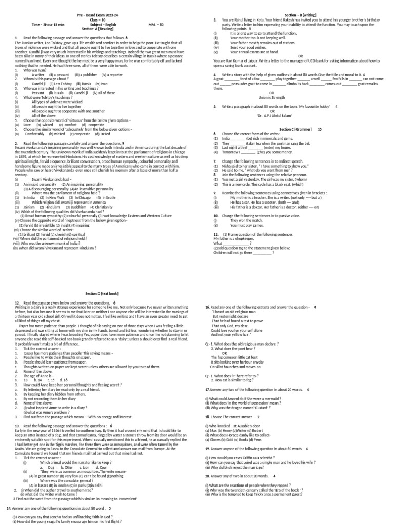 Class 10 English Pre-Board Exam 2023-24 | PDF | Swami Vivekananda | Leo Tolstoy