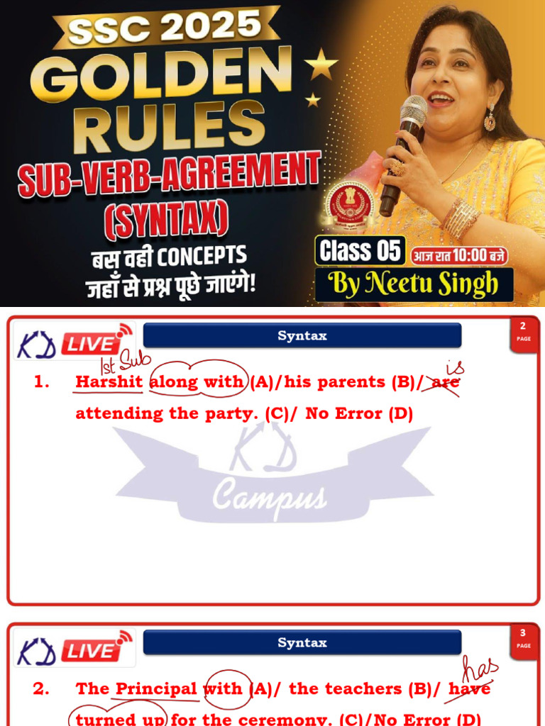 GOLDEN RULES 2025 SUB-VERB-AGREEMENT(SYNTAX)CLASS 05 | PDF