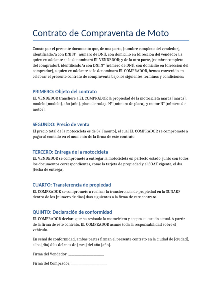 Modelo Contrato Compraventa Moto Peru Word | PDF