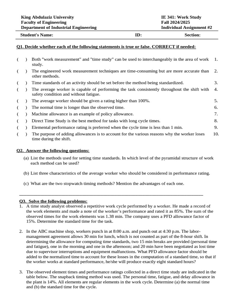 Work Study Time Standards Analysis | PDF