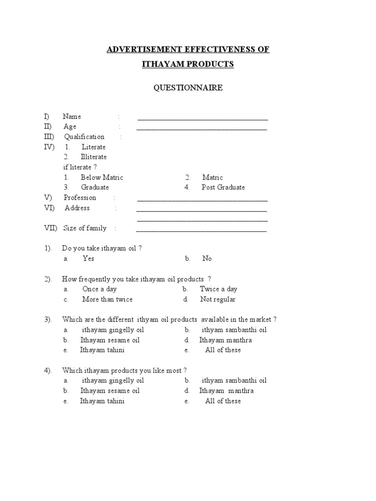 Advertisement Effectiveness of Ithayam Products: Questionnaire ...