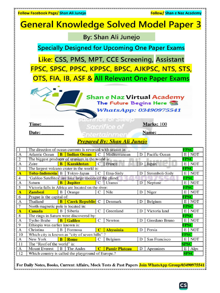 3rd General Knowledge Solved Model Paper For CCE, CSS MPT and One Paper ...