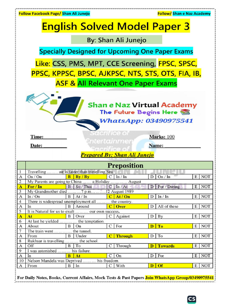 3rd English Solved Model Paper For CCE, CSS MPT and One Paper Exams by Shan Ali Junejo | PDF