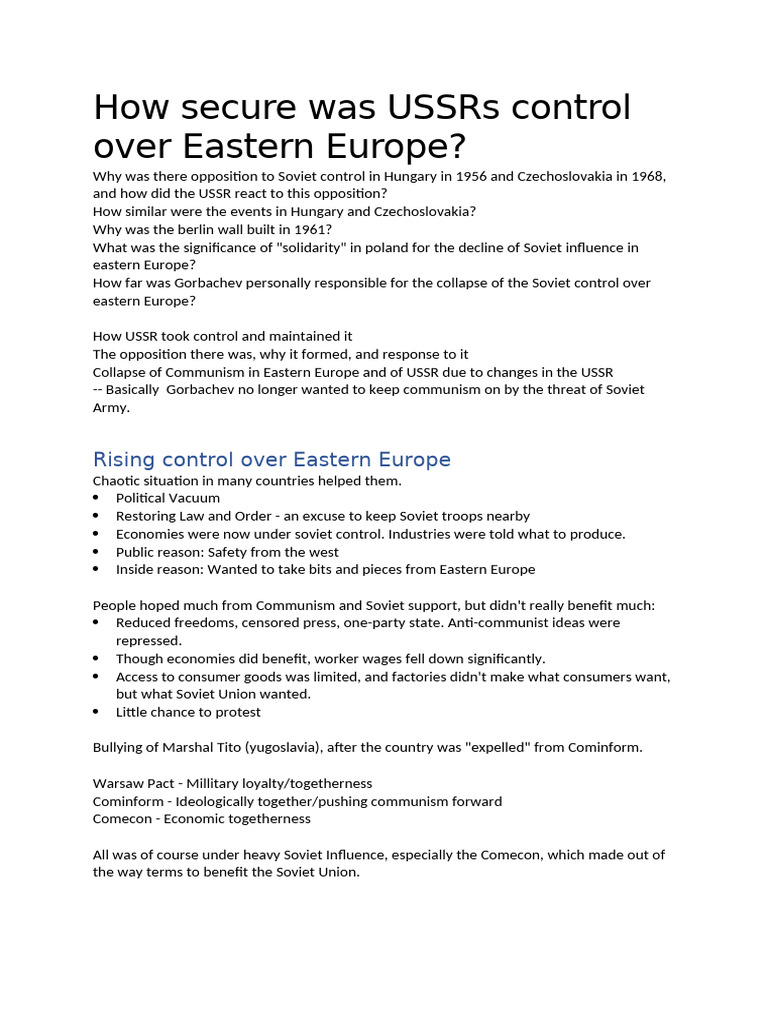 USSR Control in Eastern Europe: Key Events | PDF | Soviet Union | World ...