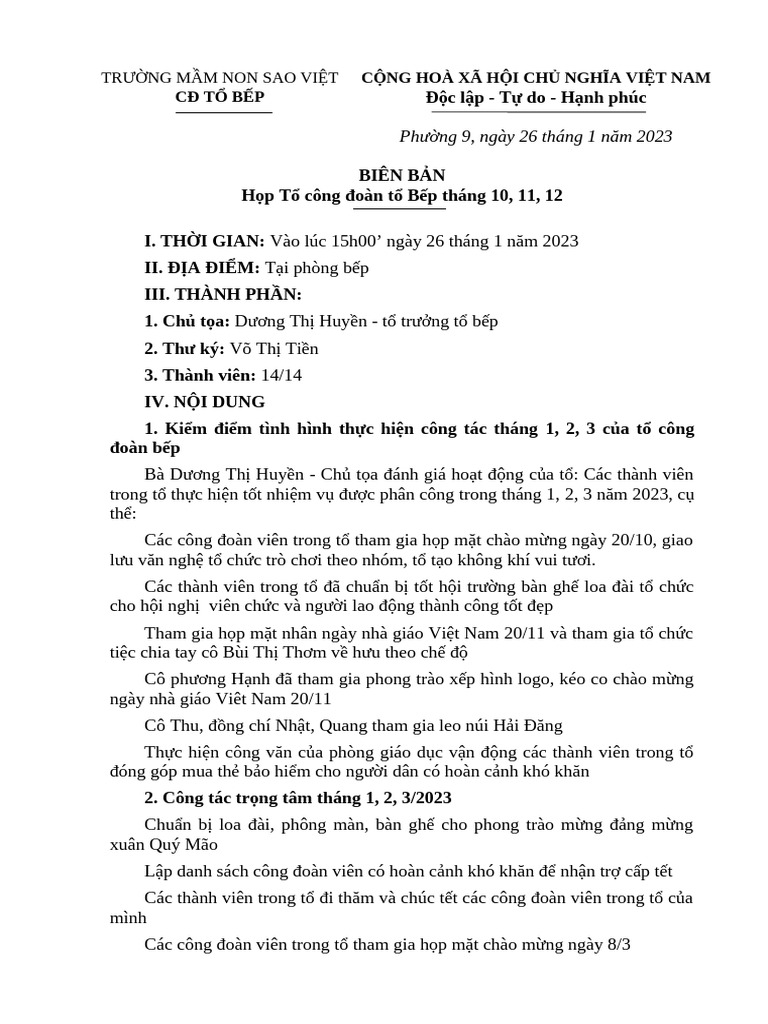 BB họp tổ VP T10-11-12-2022 | PDF