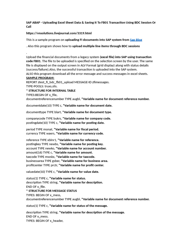SAP ABAP: Excel to FB01 BDC Upload | PDF | Microsoft Excel | Variable ...