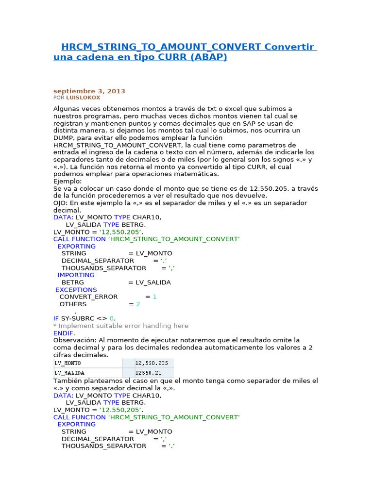 HRCM_STRING_TO_AMOUNT_CONVERT Convertir una cadena en tipo CURR (ABAP) | PDF
