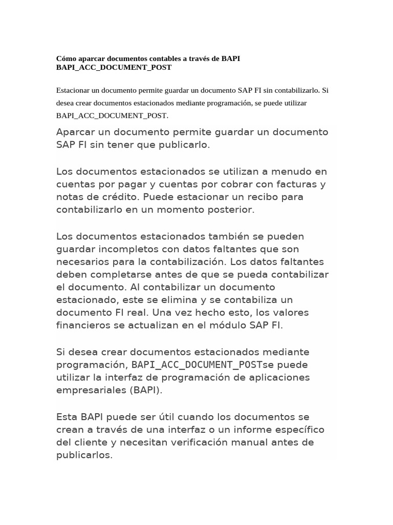 Cómo Aparcar Documentos Contables A Través de BAPI BAPI - ACC - DOCUMENT - POST | PDF ...