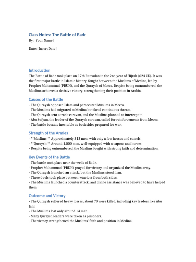 Battle of Badr Class Notes | PDF