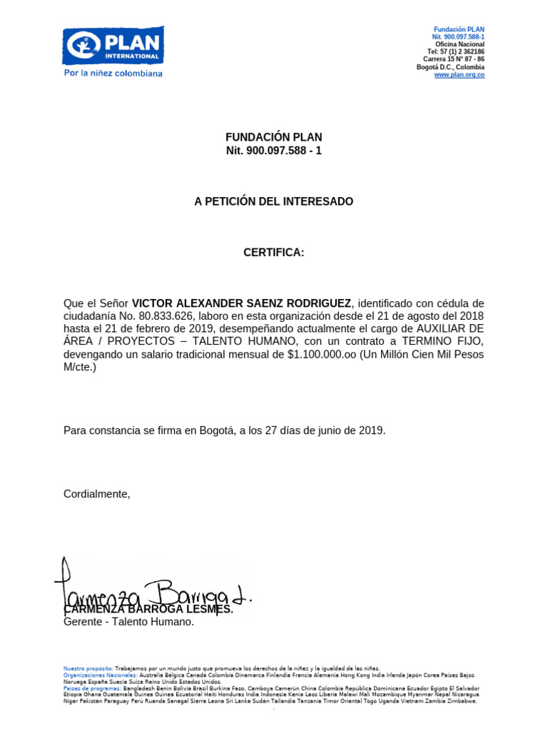 Certificación - Auxi. - Área. - Victor Alexander Saenz | PDF