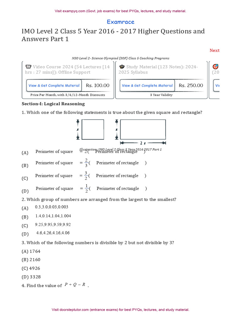 IMO Class 5 Question Paper | PDF | Subtraction | Elementary Mathematics
