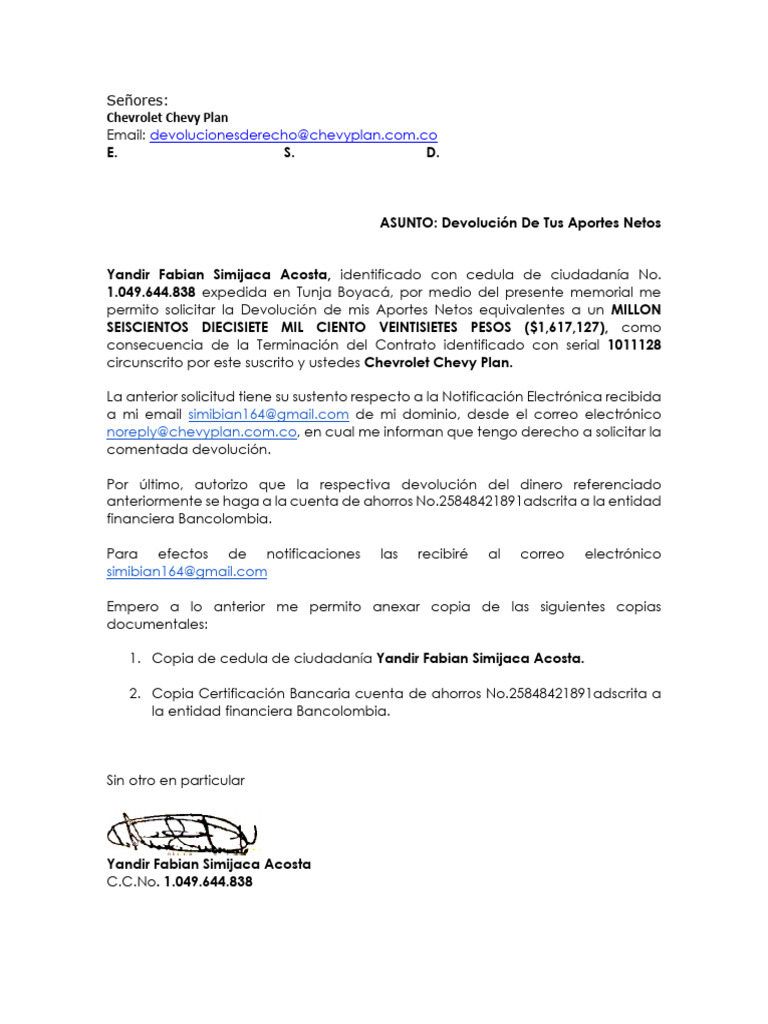 Solicitud Devolucion Aporte Chevy Plan Fabian Simijaca Acosta | PDF