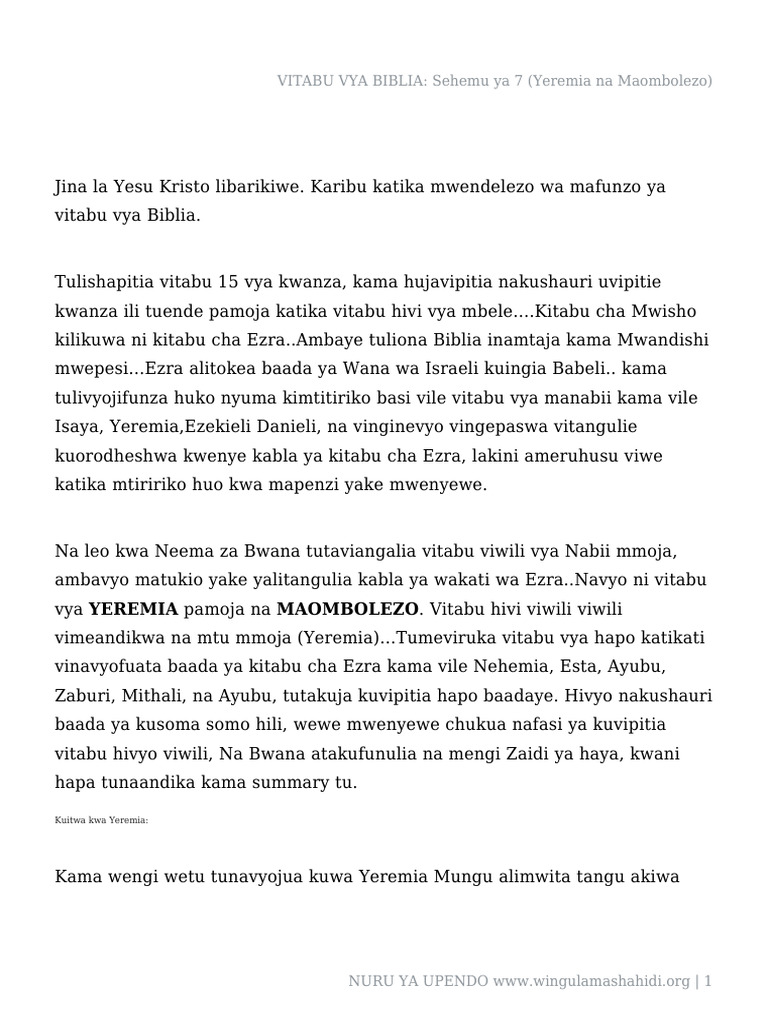 VITABU VYA BIBLIA - Sehemu Ya 7 (Yeremia Na Maombolezo) | PDF