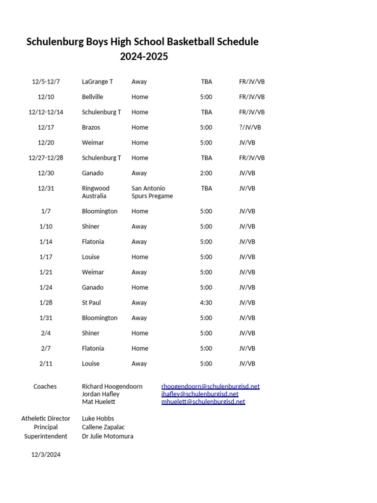 Schulenburg Boys Hs Schedule 24-25-3 1 1 | PDF
