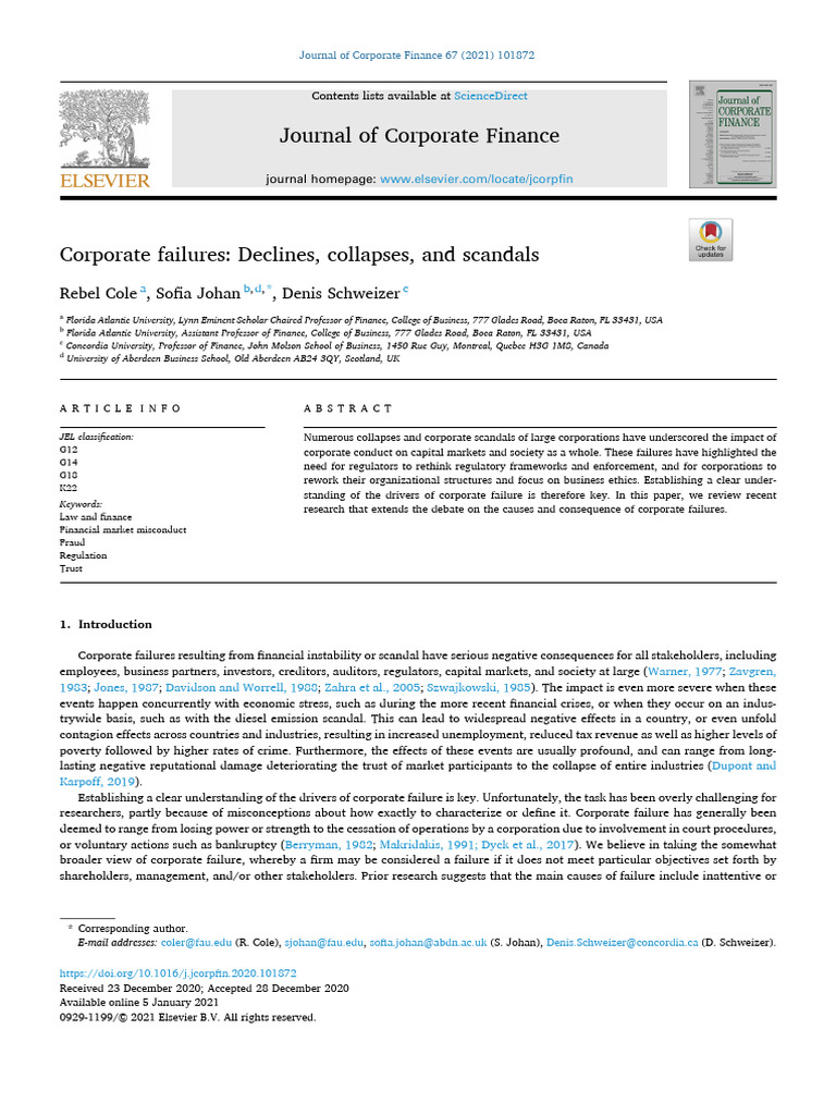 Corporate Failures - Declines, Collapses, And Scandals | PDF ...