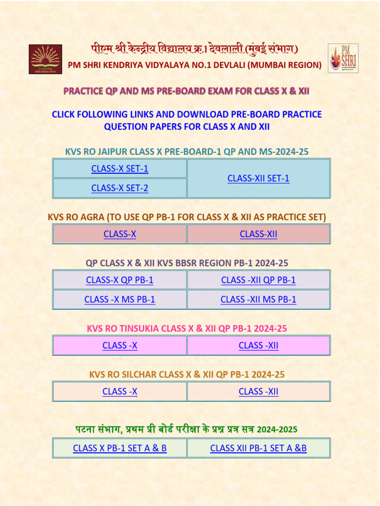 KVS Class X and Xii PB-1 Practice QP & MS 2024-25 | PDF