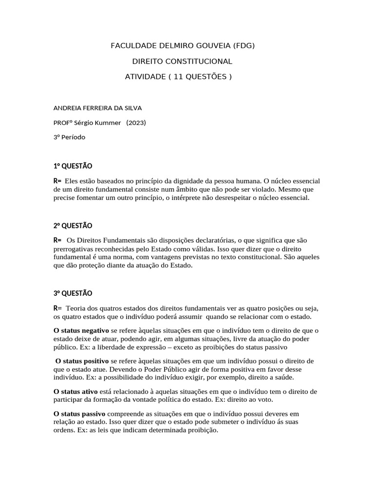 Andreia Trabalho Constitucional 2 Atividade 11 Perg | PDF | Estado | Liberdade