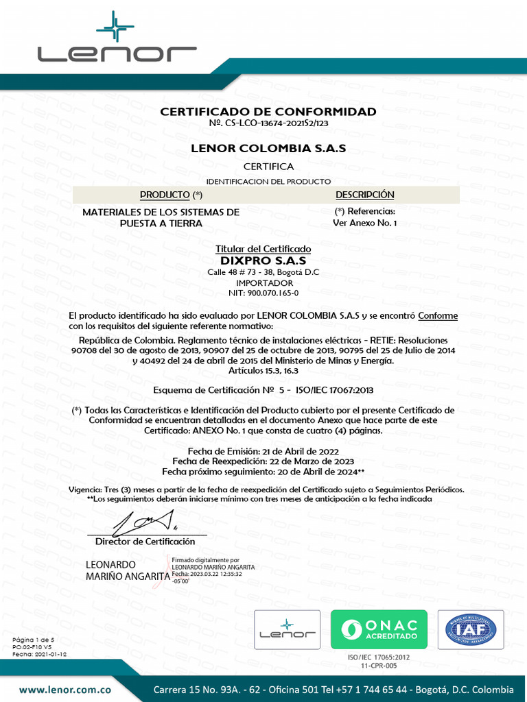 Certificado - Materiales de Sistema Puesta Tierra (20-04-2024) | PDF | Metales de transición ...