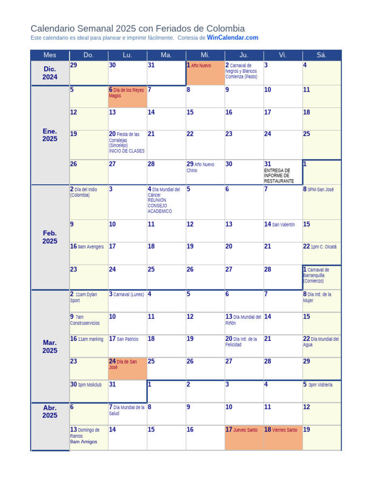 Calendario 2025 con Feriados en Colombia | PDF | Otoño | Colombia