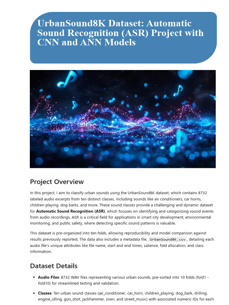 UrbanSound8K Dataset: Automatic Sound Recognition (ASR) Project With CNN and ANN Models | PDF