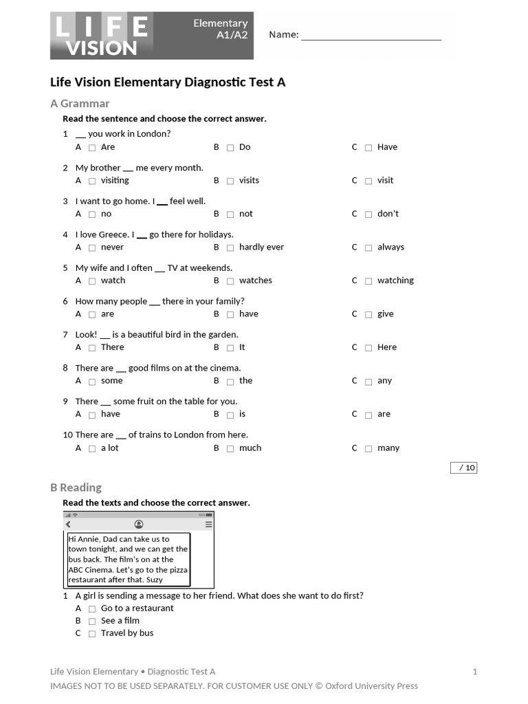 Life Vision Elementary Diagnostic Test A | PDF
