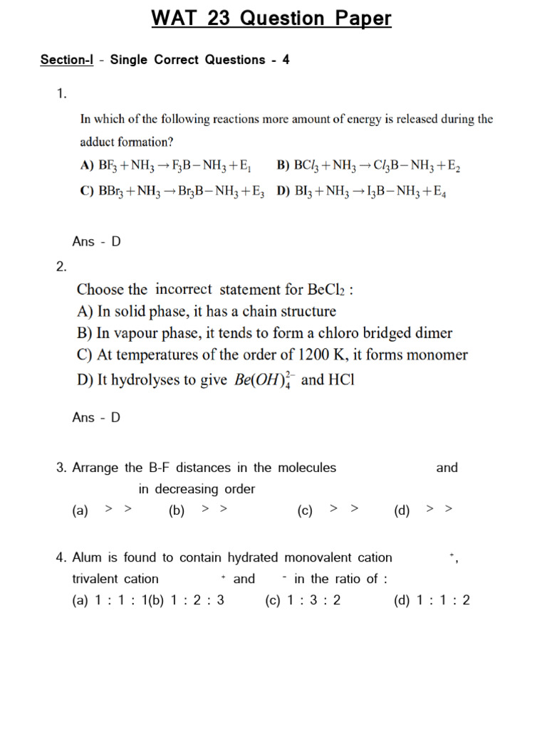 WAT 23 Chemistry Question Paper | PDF | Chemical Bond | Boron