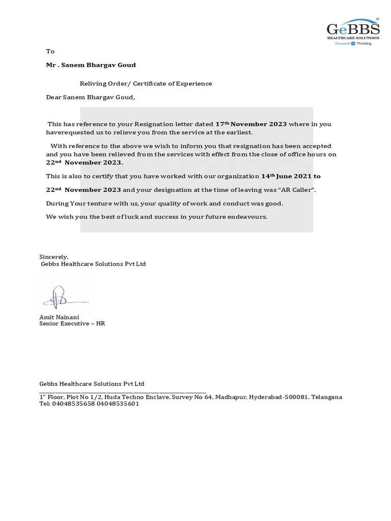 Bhargav Reliving Letter | PDF