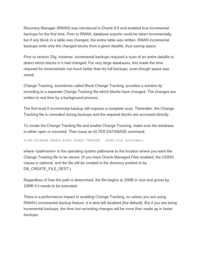 Block Change Tracking RMAN | PDF | Backup | Databases