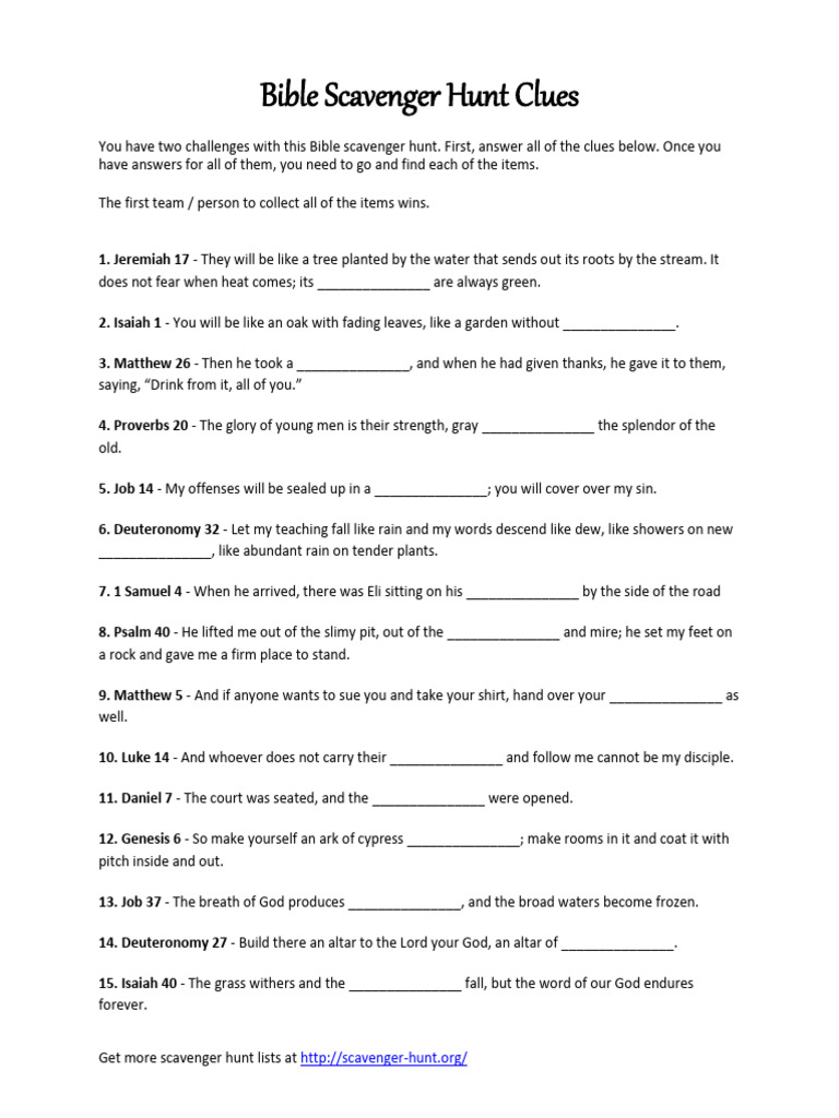 Bible Scavenger Hunt Clues | PDF | Religious Texts | Books Of The ...