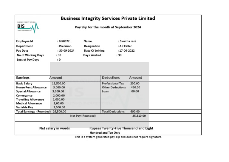 Swetha Rani Pay Slip September | PDF