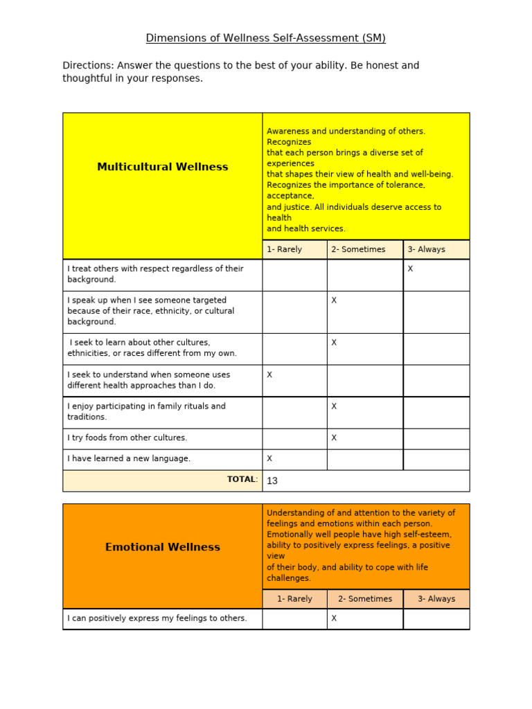 1 - Dimensions of Wellness Self-Assessment (SM) | PDF | Feeling ...