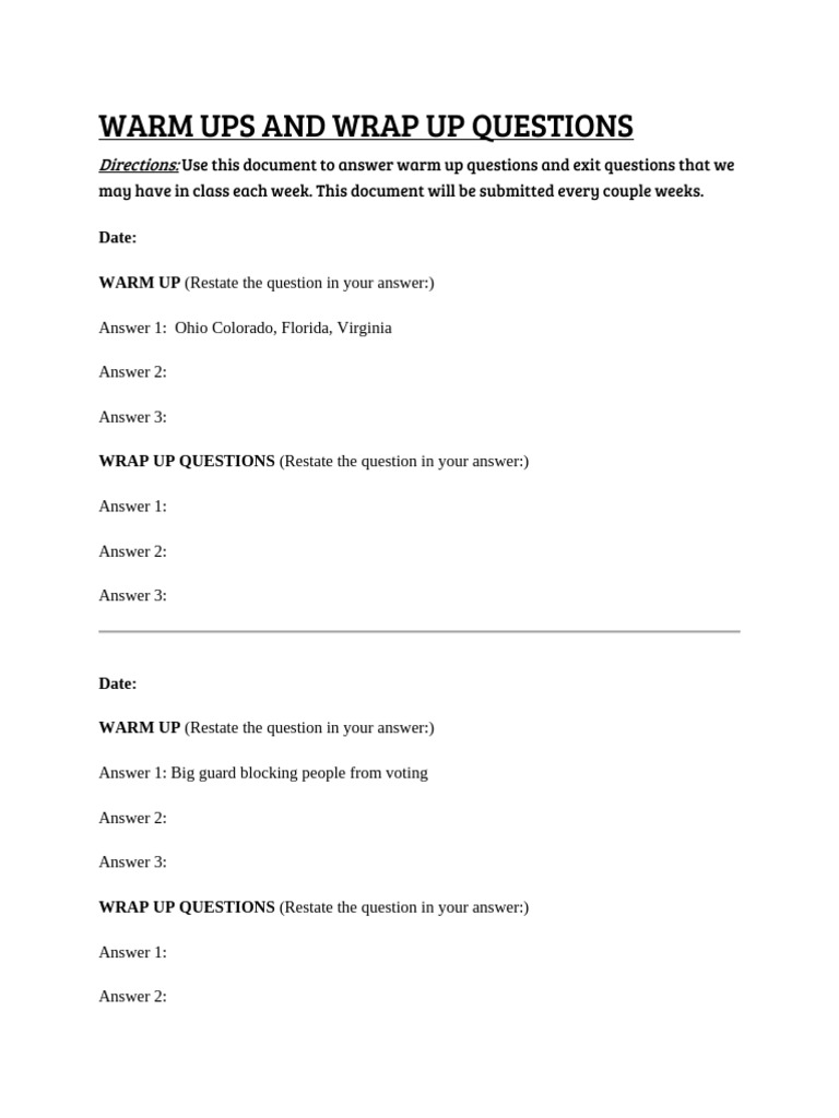 Warm Ups and Wrap Up Questions-1 | PDF