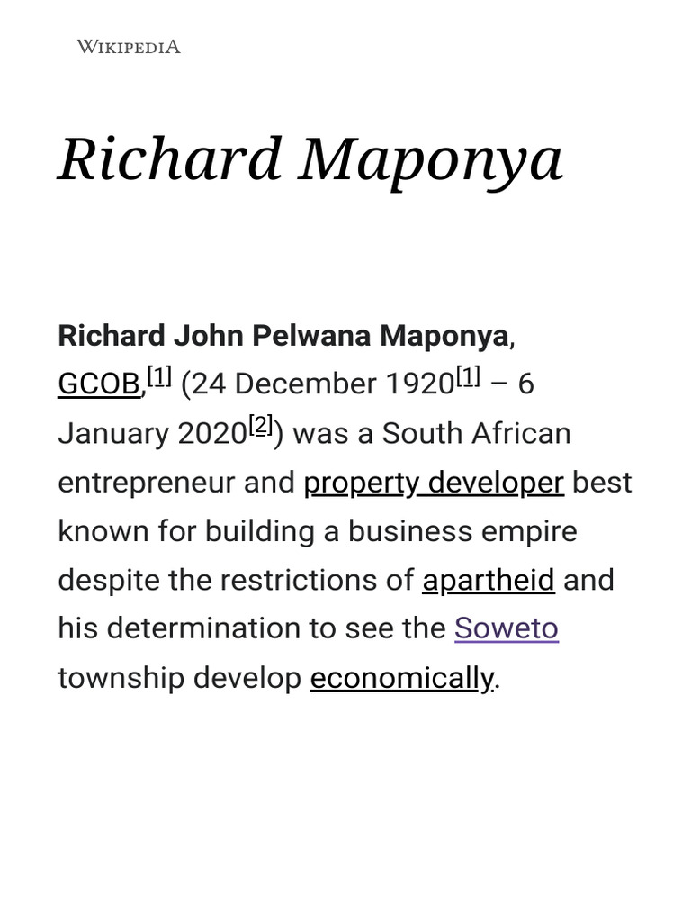 Richard Maponya - Wikipedia | PDF | South Africa | Politics Of South Africa