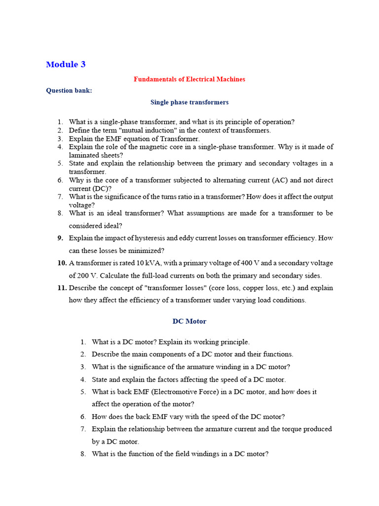 Module 3- Questions Bank. | PDF | Transformer | Electric Motor
