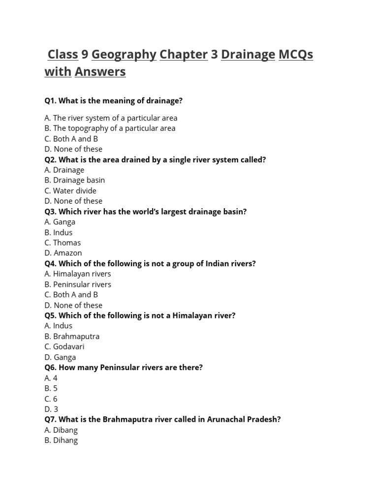 Class 9 Geography Chapter 3 Drainage Mcqs With Answers: Q1. What Is The ...