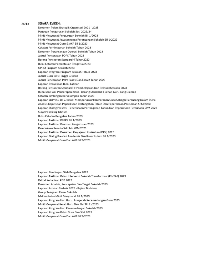 Senarai Eviden SKPM 2023 24 | PDF