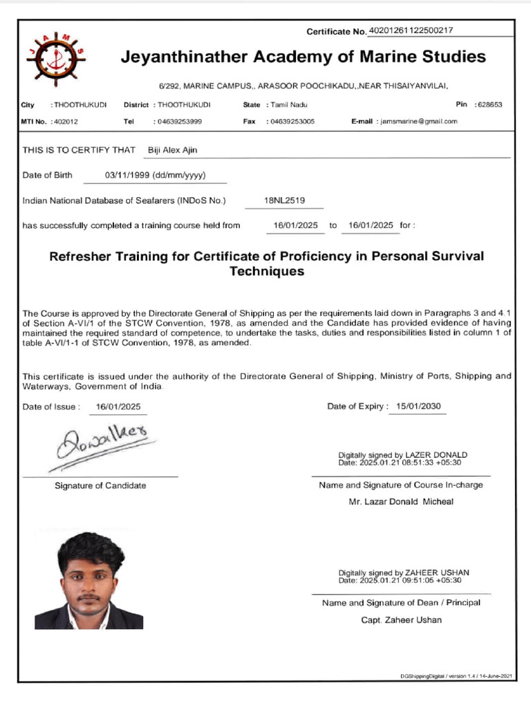 Thoothukudi Maritime Training Certificates | PDF | Shipping | Water ...