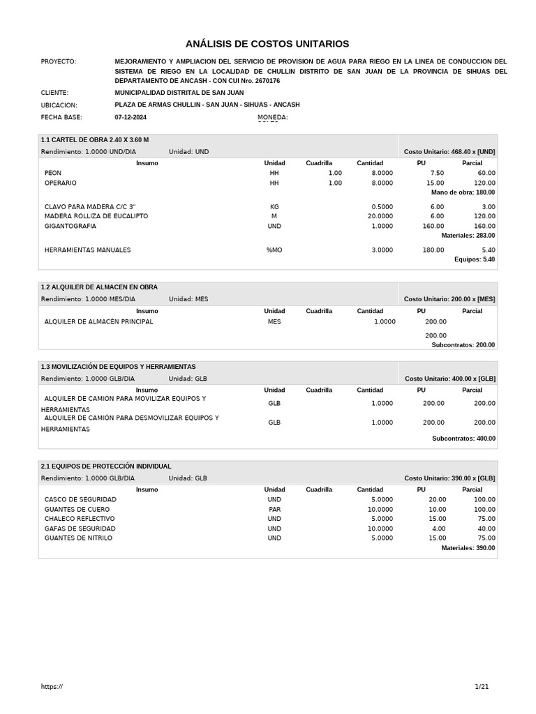 Costos Unitarios para Riego en Chullín | PDF | Material compuesto | Plomería