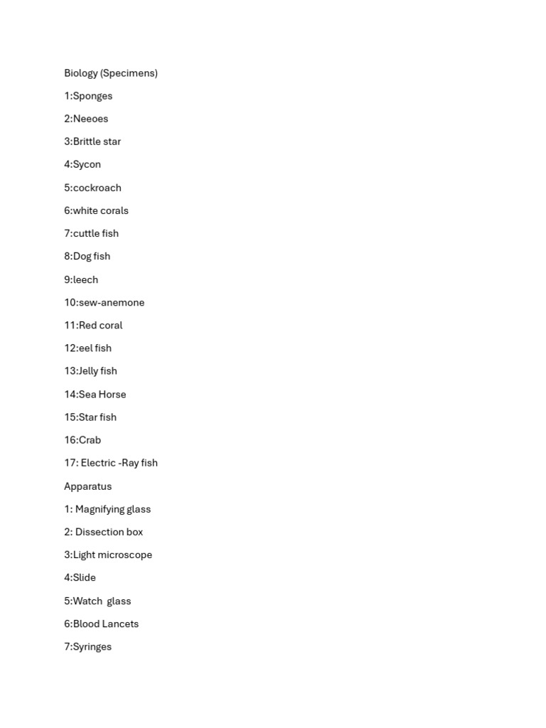 Biology Specimens and Apparatus Guide | PDF