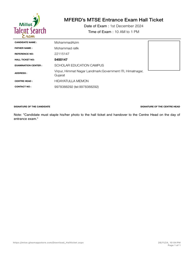MTSE Entrance Exam Hall Ticket 2024 | PDF