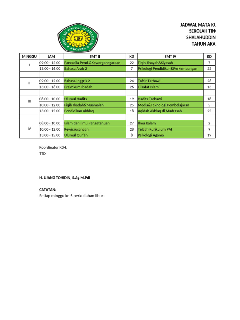 Jadwal Kuliah STAI Shalahuddin 2023/2024 | PDF