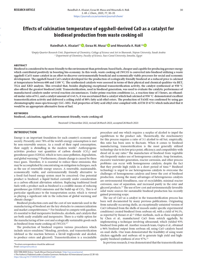 Effects of Calcination Temperature of Eggshell-Derived CaO As A Catalyst For Biodiesel ...