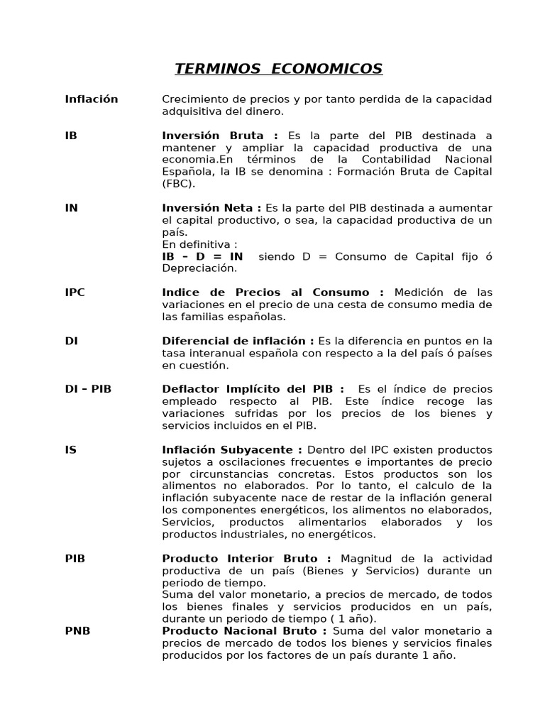 Glosario de Términos Económicos | PDF | Producto Interno Bruto | Inflación