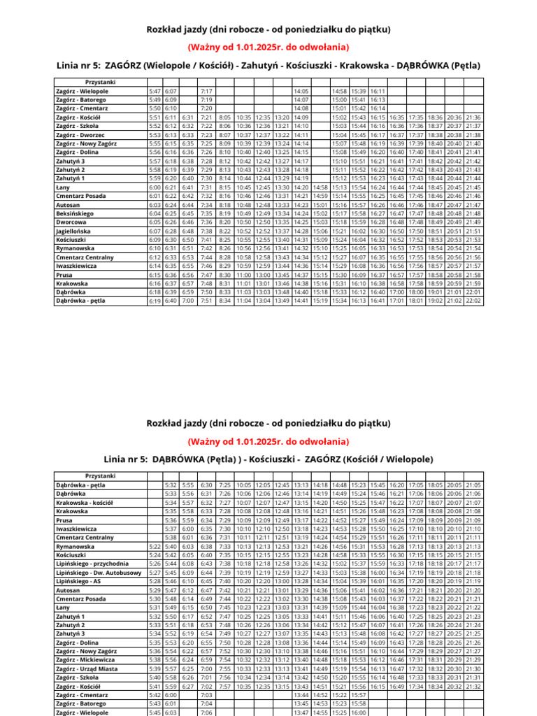 Rozklad Jazdy Linia 5 R | PDF