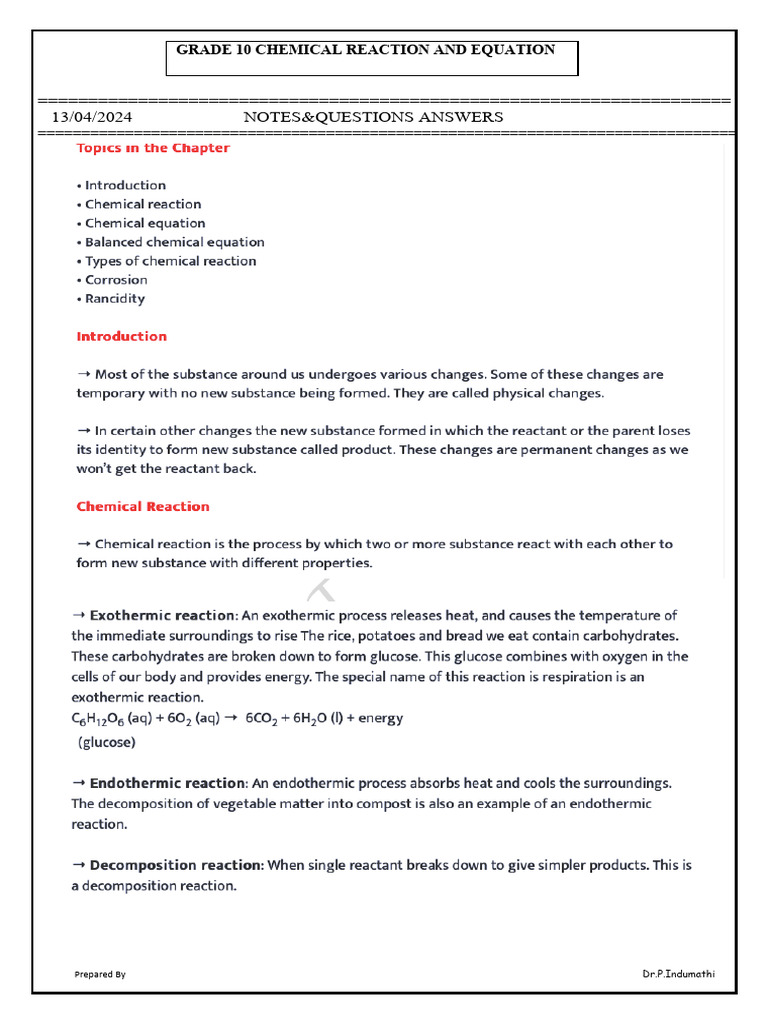 Grade 10 Study Notes CHEMICAL REACTION EQUATION | PDF | Chemical ...